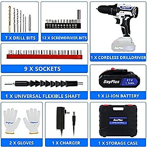 21V Portable Cordless Power Drill Set Impact Screw Driver with 1500mAh Li-Ion Rechargeable Battery 25+1 Torque Setting 45N.m Variable Speed Control with LED Light, 29PCS Accessories, Carrying Case