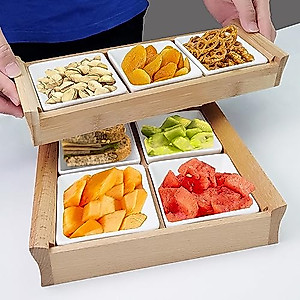 Jinsongdafa Wood Pallet Porcelain Divided Serving Dishes, Appetizer， Relish Tray, Serving Bowls for Parties - Perfect for Chips and Dip, Veggies, Candy and Snacks | Reusable (4 Cells Platters)