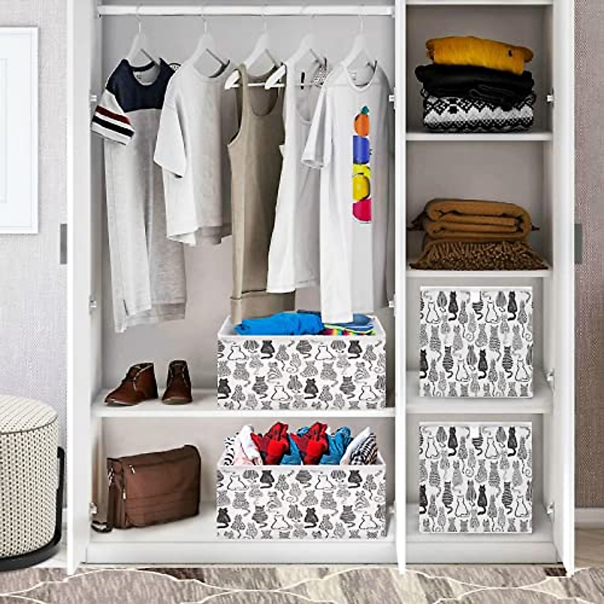 Hand Drawn Cats Doodle Styl Foldable Cube Storage Bins, 11 x 11 x 11 inches, Fabric Storage Baskets Bins for Nursery,Closet Shelf,Home Organization