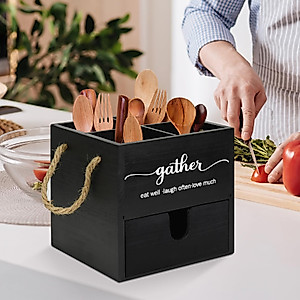 Updesign Silverware Caddy with Drawer, Flatware Organizer for Kitchen Countertop, Utensil Holder with Napkin Holder, Multifunctional Kitchen Cutlery Organizer for Forks, Knives, Spoons, Napkins, Cups