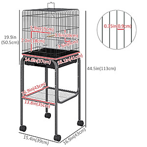 Pawhut 45-inch Metal Indoor Bird Cage, Parrot Cage, Bird Aviary with Detachable Rolling Stand, Storage Basket, and Accessories - Black