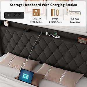 iPormis King Size Lift Up Storage Bed Frame with Charging Station, Upholstered Platform Bed Frame with Tufted Headboard, Hydraulic Storage, No Box Spring Needed, Noise-Free, Easy Assembly, Dark Grey