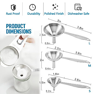 Small Funnels for Filling Bottles, 3 Pcs Stainless Steel Kitchen Funnel Set with Long Handle, Food Grade Mini Metal Funnel for Transferring Oil Liquid, Easy Cleaning with a Brush