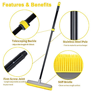 Pet Hair Broom Rubber Broom 59" Long Handle with Build-in Squeegee Silicone Broom for Sweeping Hardwood Floor Tile
