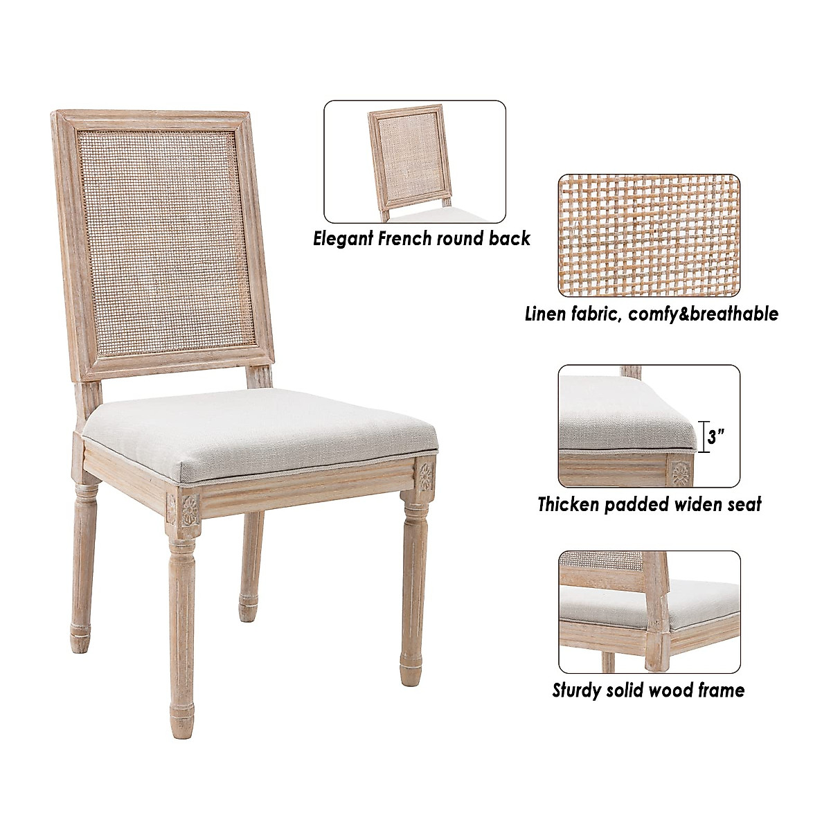CIMOTA Farmhouse Dining Chairs Set of 2, French Rattan Dining Room Chairs with Rectangle Back/Distressed Wood Upholstered Vintage Side Chairs for Kitchen/Restaurant, Beige/2PCS