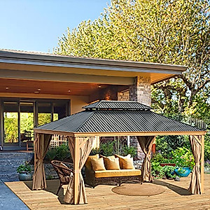 Aoodor 12’ x 16’Wooden Grain Coated Aluminum Gazebo Hardtop 2-Tier Black Steel Roof, Wooden Print Frame with Curtain&Netting for Patios, Gardens, Lawns