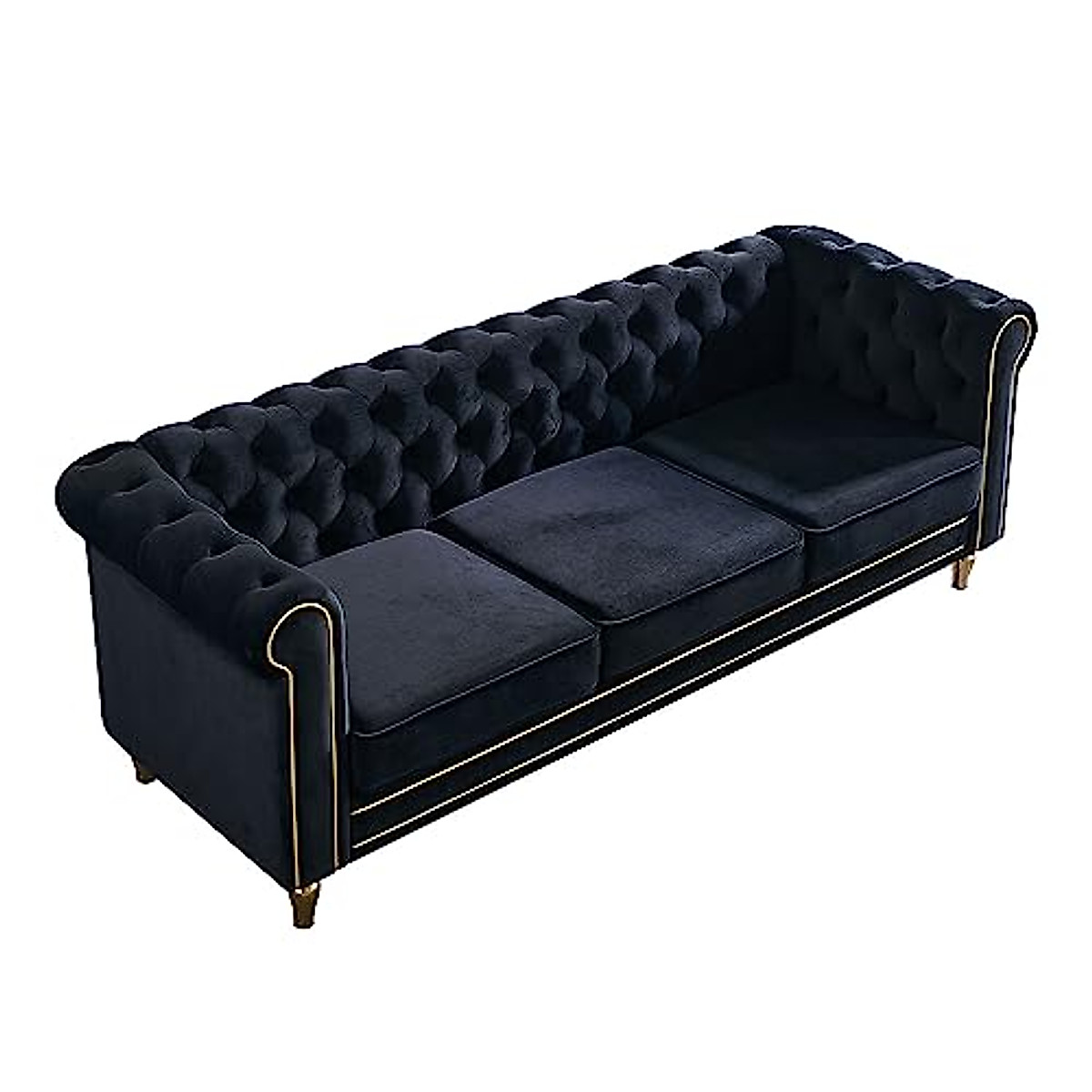 Goohome 84.65" Chesterfield Sofa, 3-Seater Velvet Deep Button Tufted Sofá Upholstered Love Seat Couches with Rolled Arm, Gold Strip Trim, for Bedroom Office Apartment Living Room Furniture, C-Black