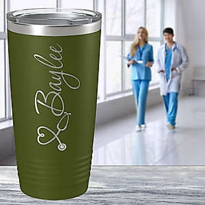 Personalized Heart Stethoscope Tumbler Gift for Nurse, RN, LPN, CNA, CMA, MA Laser Engraved on Army Green 20 oz Stainless Steel Tumbler with Lid - Insulated Cup - Custom Travel Mug