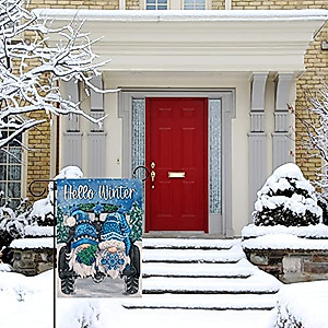 Covido Home Decorative Hello Winter Blue Gnome Garden Flag, Black Truck Yard Outside Decorations, Pickup Outdoor Small Decor Double Sided 12x18