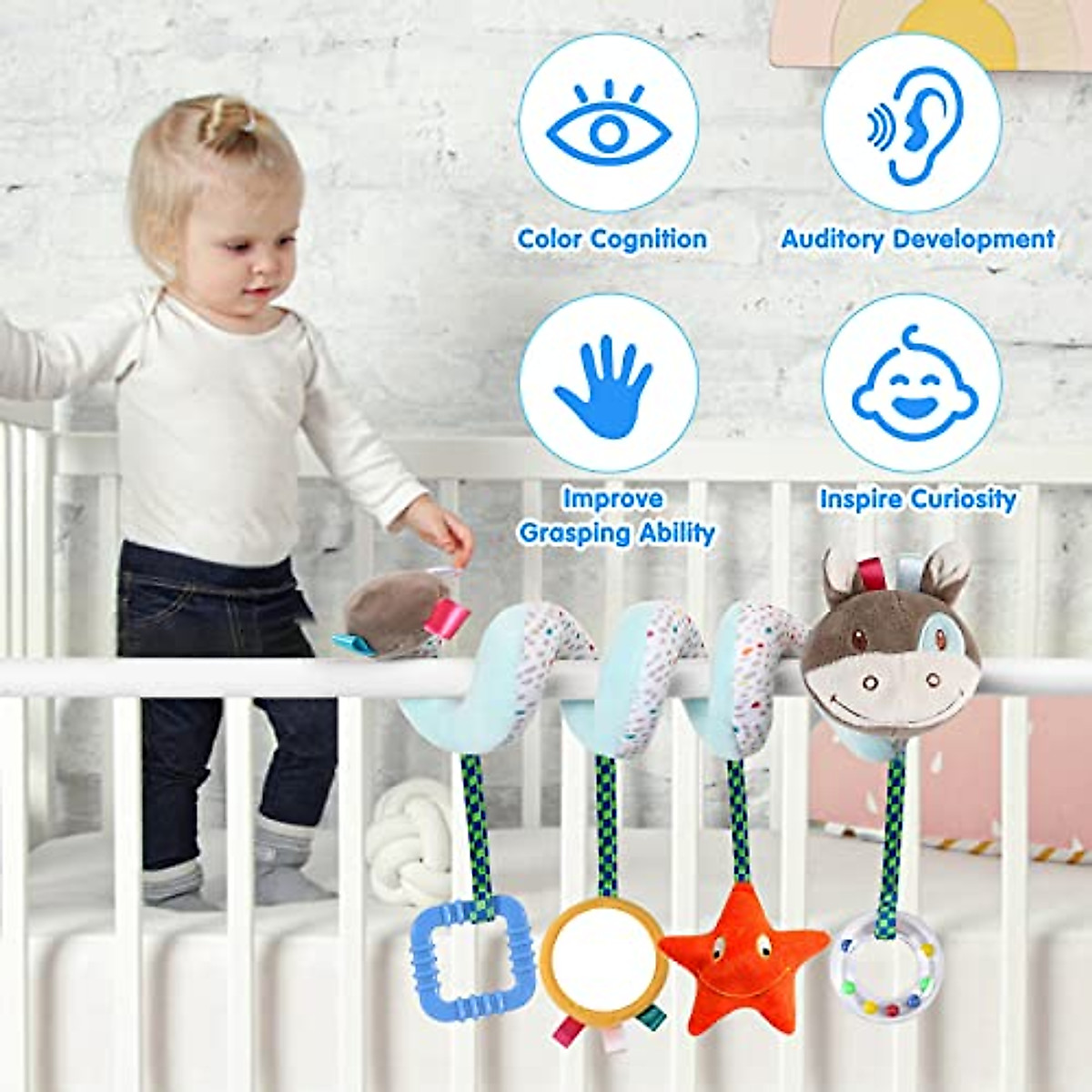 XIXILAND Car Seat Toys for Babies 0-6 Months, Baby Toys 0-6 Months Stroller Toys Infant Toys 0-3 Months, Newborn Toys 0 3 Months Brain Development Crib Toys Hanging Toys with Mirror Rattles Teether
