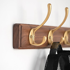 muso wood Coat Rack Wall Mounted Wooden Hat Rack and Coat Hanger Wall Coat Rack with 4 Gold Hooks for Entryway Bathroom Bedroom Walnut -15.75inches
