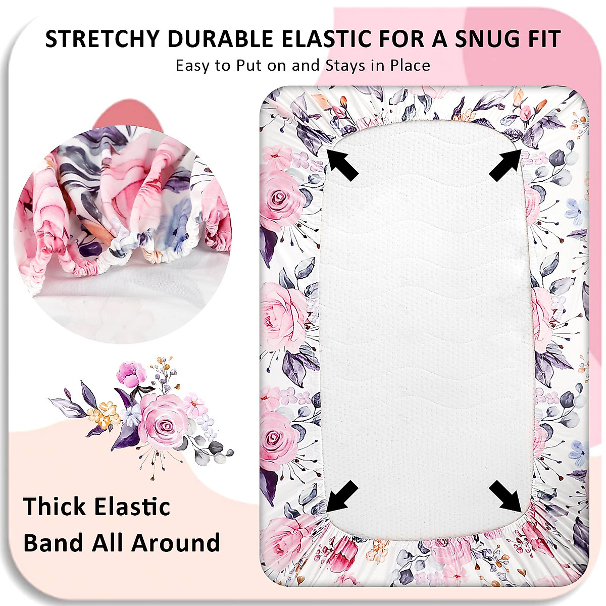 2 Pack of Floral Crib Sheets and Changing Pad Covers for Baby Girls Boys Universal Fit and Ultra Soft Stretchy Jersey Knit Fabric