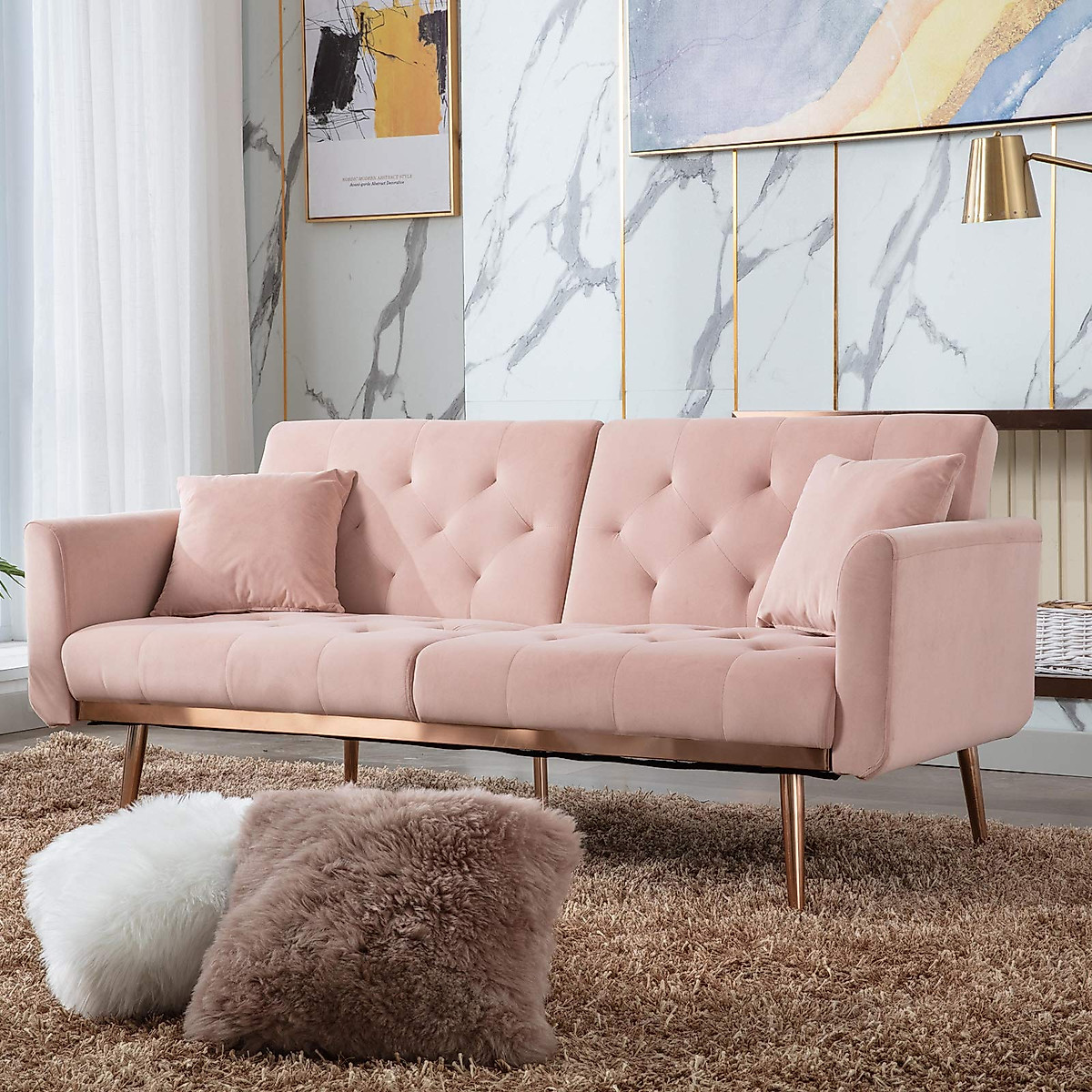 TITA-DONG Velvet Sofa Convertible Sleeper Sofa,Modern Tufted Sofa Bed with 2 Throw Pillow & Gold Plating Base 5 Leg, Adjustable Folding Accent Sofa Couch for Living Room