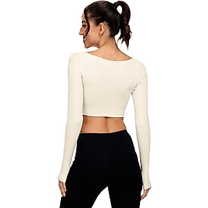 3 Pack Ribbed Seamless Long Sleeve Crop Tops Square Neck Cropped Top Set for Women Workout Gym Yoga (Black, Reddish Brown, Beige, Large)