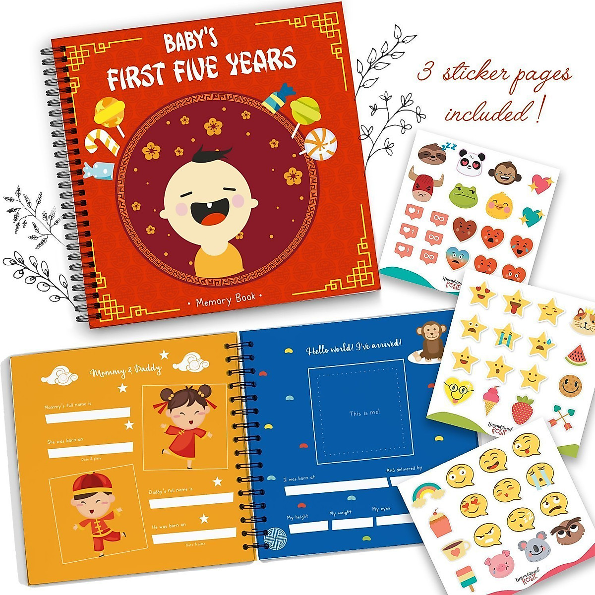 Chinese Baby's First Five Years Hardcover Memory Book - Newborn Babies 1st Year Journal and Milestones Photo Album - Perfect and Unique Gift Idea for Baby Showers and Birthday Presents