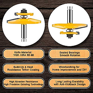 OLETBE 3 PCS Router Bit Set, 1/2-Inch Shank Round Over Raised Panel Cabinet Door Rail and Stile Router Bits, Woodworking Wood Cutter, Wood Carbide Groove Tongue Milling Tool(Gold)