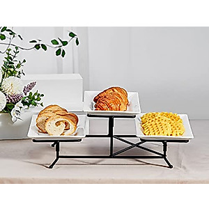 ONEMORE 3 Tier Serving Tray - Collapsible Tiered Stand and Ceramic Serving Platters - Cross Bars Included - White