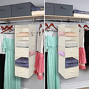 MAX Houser 6 Tier Shelf Hanging Closet Organizer and 5 Tier Shelf Hanging Closet Organizer, Closet Hanging Shelf with 2 Sturdy Hooks for Storage, Foldable,Beige and Beige-D2