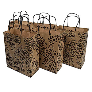 Brown Paper Gift Bags - 10x5x13 Inch 50 Pack Brown Animal Print Medium Bags with Handles, Cheetah, Zebra, Leopard, for Shopping, Groceries, Small Business, Retail, Take-Out, Merchandise, Parties, Events