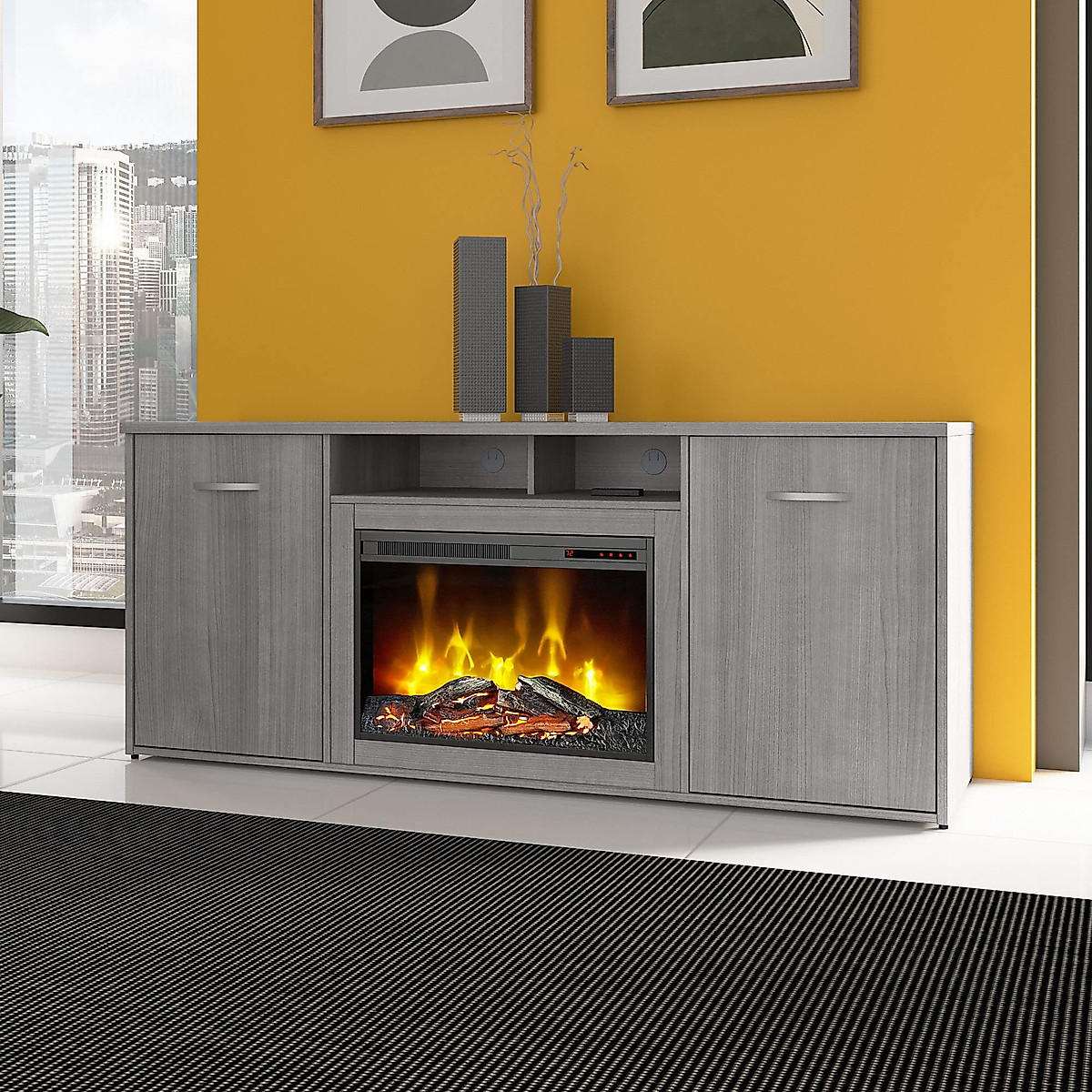 Bush Business Furniture BBF Conference Tables Office Storage Cabinet with Doors and Electric Fireplace, Platinum Gray