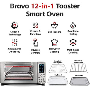 Nuwave Bravo 12-in-1 Digital Toaster Oven, Countertop Convection Oven & Air Fryer Combo, 1800 Watts, 21-Qt Capacity, 50°-450°F Temp Controls, Dual Zone Surround Cooking, Linear T Technology, SS Look