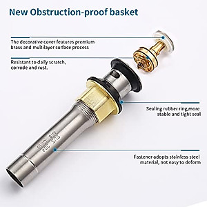 Pop-Up Drain Stainless Steel with Overflow Anti-Clogging for Vessel Sink Lavatory Vanity Sink Drain with Strainer Basket, Brushed Nickel