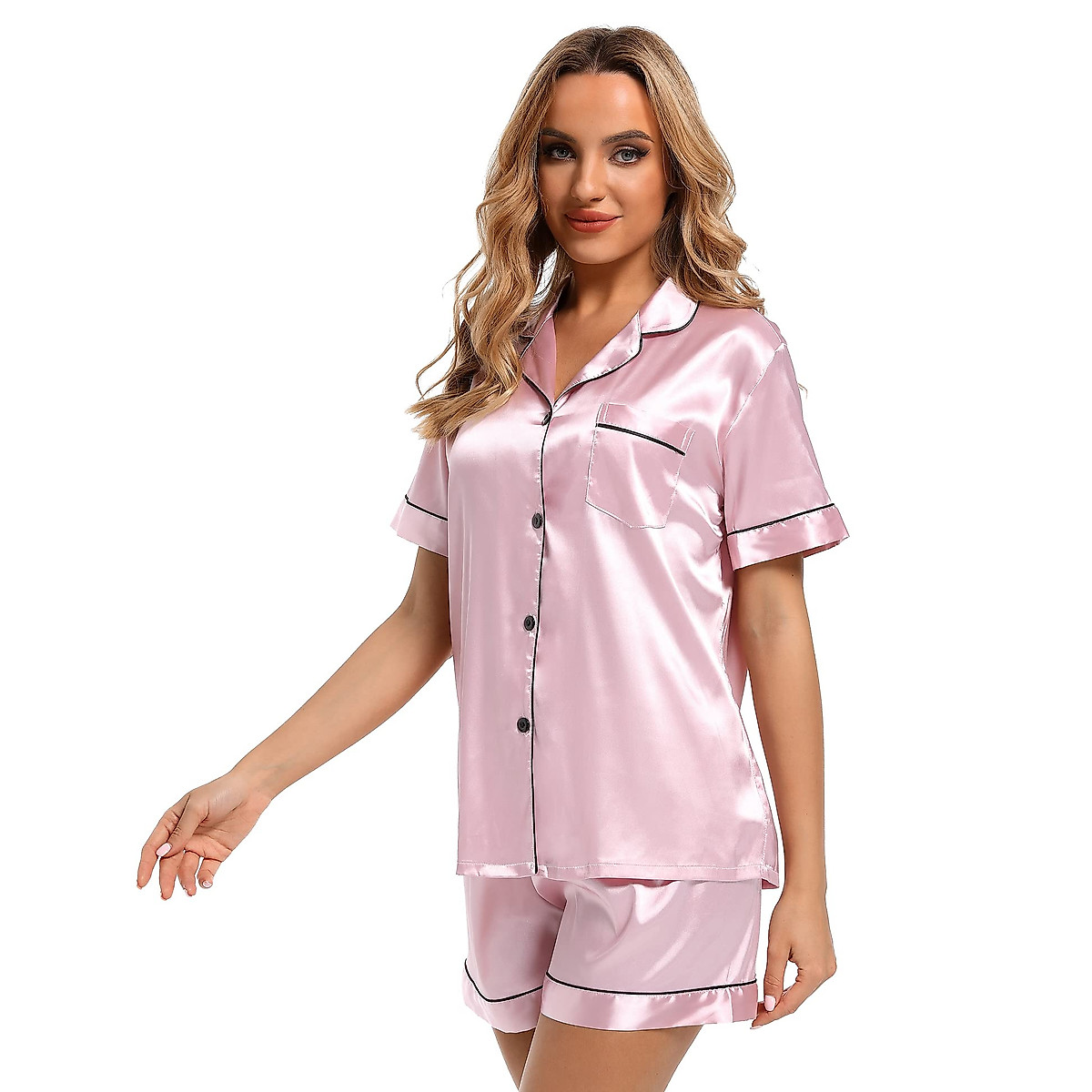 Finvizo Womens Silk Satin Pajamas Set: Soft Short Sleeve Two-piece Pjs Silky Button-down Sleepwear Loungewear Shorts Set,Pink S