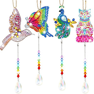 Queekay 4 Pieces Diamond Art Sun Catcher DIY Wind Chime Kit Hanging Double Sided Hummingbird Butterfly Cat Peacock Shape Crystal Number Ornament for Adults Kids Home Garden Decoration