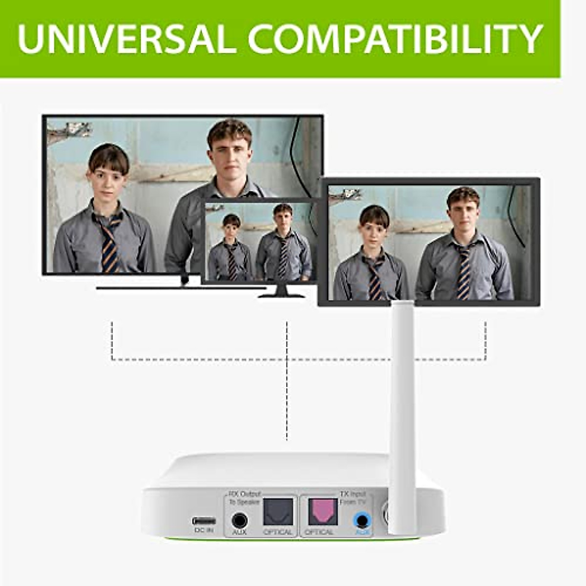 Avantree Oasis B – Bluetooth Transmitter & Receiver for TV with Dual Link Capabilities, Pass-Through Features, and No AudioDelay, Class 1 Long Range, LED Indicator, Optical AUX RCA