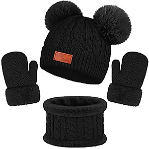 Cooraby 3 Pieces Toddler Winter Knitted Hat Scarf Gloves Set Knit Fleece Lined Thermal Set for Boys Girls, Black
