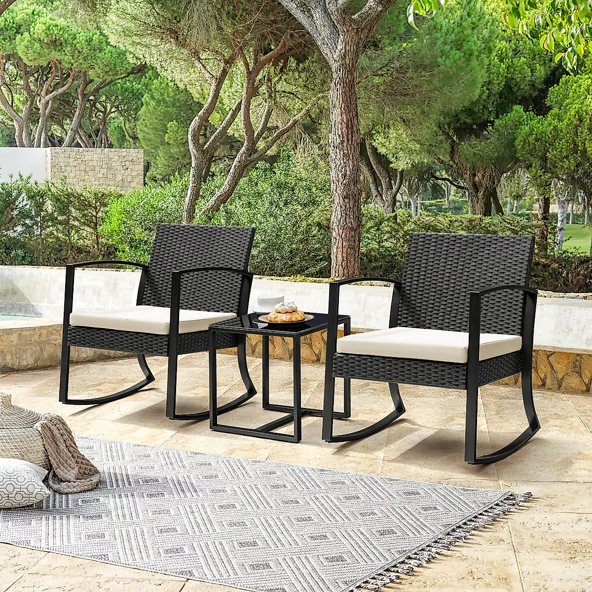 Devoko 3 Pieces Patio Chair Set Outdoor Rocking Chairs Set Resin Patio Furniture Bistro Sets Porch Furniture with Coffee Table (White)