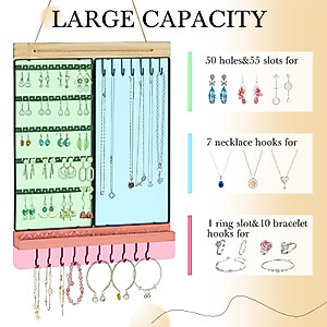 Feyejade Hanging Jewelry Organizer, 5-Tier Wall Earring Holder with Wooden Ring Groove, Jewelry Rack Wall Mounted for Earrings, Necklaces, Bracelets and Rings, Jewelry Holder Stand