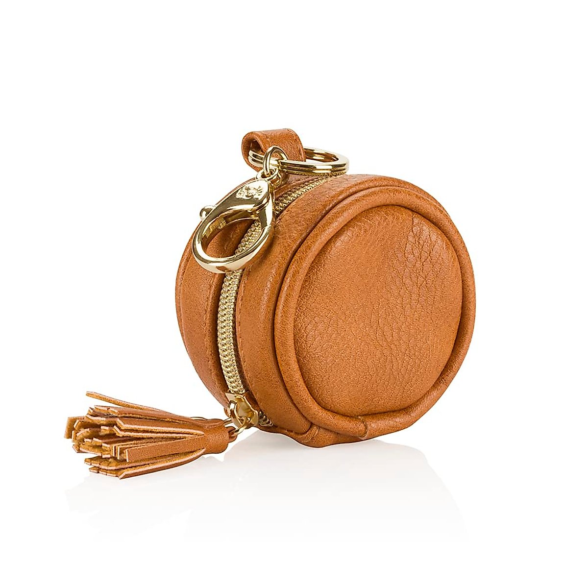 Itzy Ritzy Pacifier Holder Case with Clip - Pacifier Case Includes Clasp to Easily Attach to a Diaper Bag or Purse, Measures 2.5" in Diameter and Holds 2 Pacifiers (Cognac)