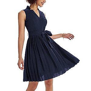GRACE KARIN Women Elegant High Waist Pleated Dress A-line Solid Funeral Dress Navy Blue L