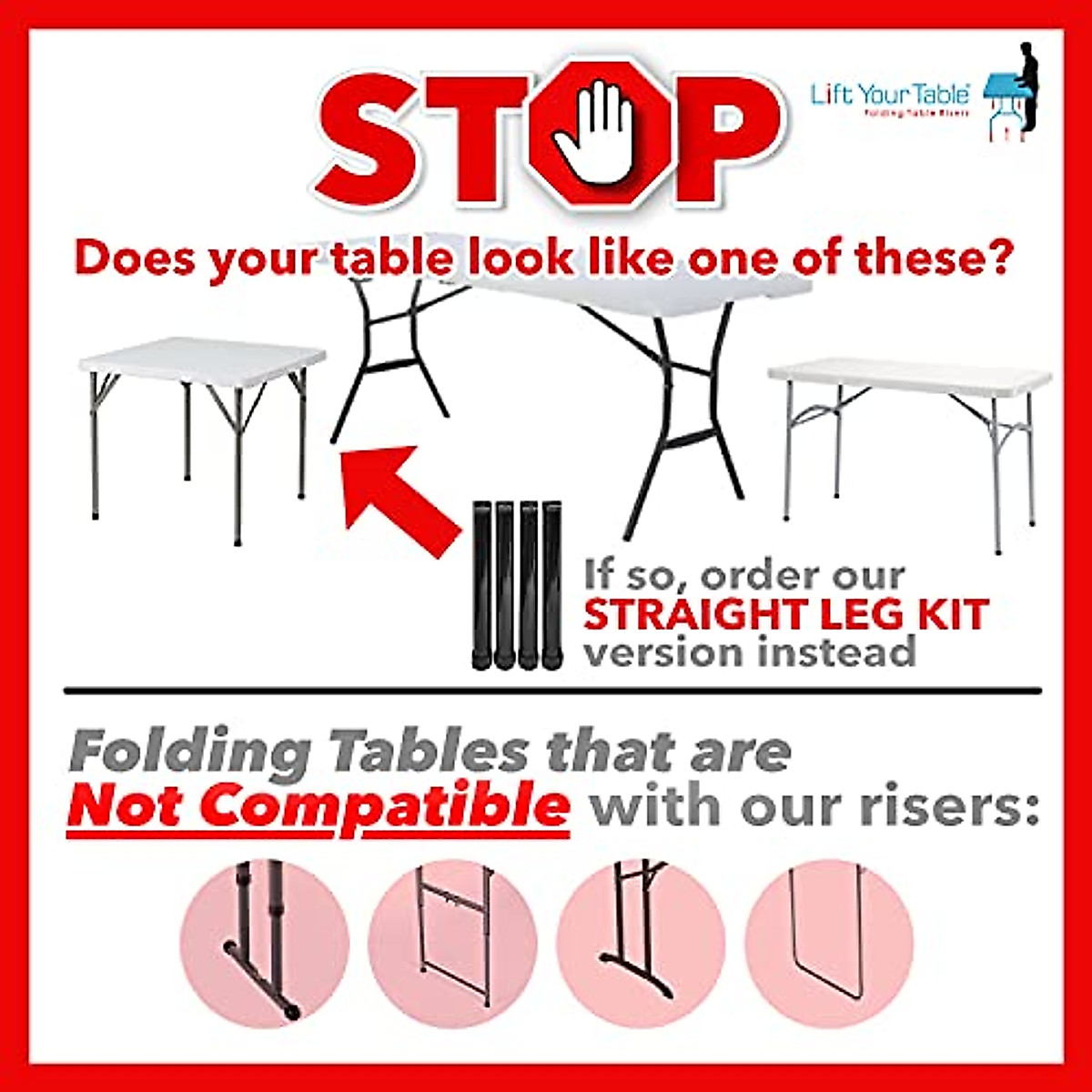 Lift Your Table® Folding Table Risers, Made in The USA, Standing Desk Kit, Easy-to-Use Bent Leg Folding Table Extensions, Raises Folding Tables 14” Inches. Durable, Sturdy. Set of 4, Black