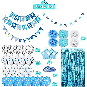 Light Blue Birthday Decorations, Blue Birthday Party Decorations with Tissue Pom Pom flowers, Happy Birthday Banner, Confetti Balloons, Foil Fringe Curtain, Happy Birthday Party Supplies for Men Women Boys Girls - Light Blue and White