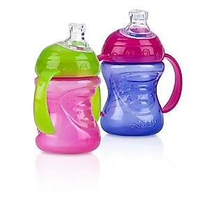 Nuby Plastic 2-Pack Two-Handle No-Spill Super Spout Grip N' Sip Cups, 8 Ounce, Pink and Purple