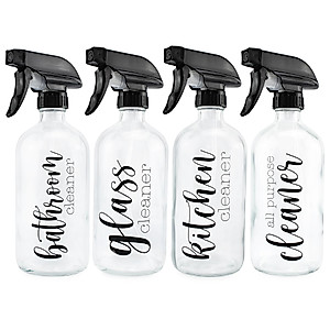 Cornucopia Brands Cleaning Spray Bottles Set, Glass (Set of 4, 16-Ounce); Refillable Trigger Sprayers w/Mist/Stream Settings and Farmhouse Script