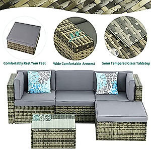 YITAHOME Patio Furniture Set, 5 Piece Outdoor Sectional Sofa Furniture Sets, PE Wicker Conversation Set with Ottoman, Rattan Coffee Table & Cushions for Lawn Backyard Garden Porch, Gray Gradient