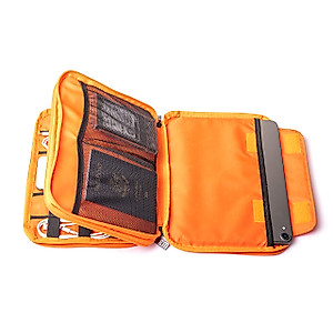 Three Layer Electronics Organizer and Travel Organizer for Tablet, Cables, and Chargers. Size XL Fit up to 10" Tablets. (Grey and Bright Orange)