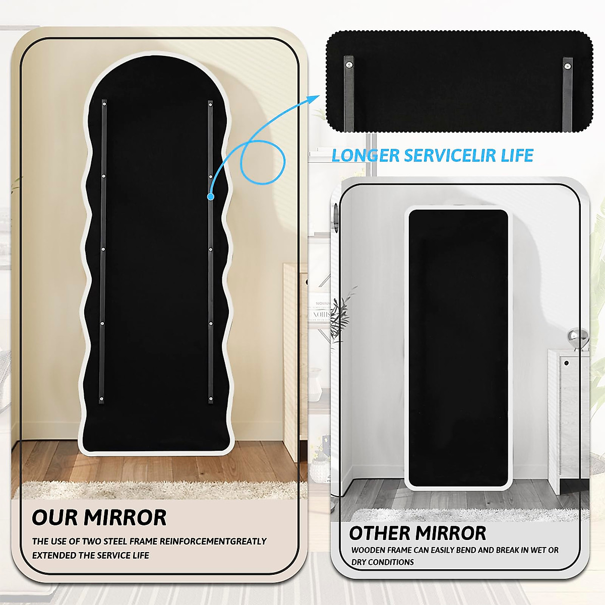 GOODONE Wavy Mirror Full Length 63"x24", Irregular Full Body Mirror, Wave Arched Floor Mirror, Wall Mirror Standing Hanging or Leaning Against Wall for Bedroom, Flannel Wrapped Wooden Frame,Beige