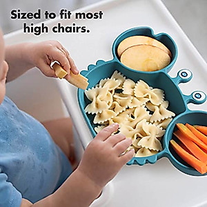 YIVEKO Baby Plates with Suction Divided, Baby Spoon Fork Set for Toddlers, Silicone Plates for Kids with Suction Baby Dishes Kids Plates and Utensils-Crab Blue