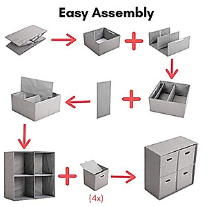 BIRDROCK HOME Grey Linen Cube Organizer with 4 Storage Bins – Collapsible Fabric Shelves and Cubes