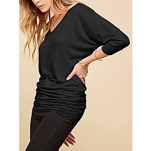 Made By Johnny MBJ WT1036 Womens V Neck 3/4 Sleeve Dolman Top with Side Shirring M Black