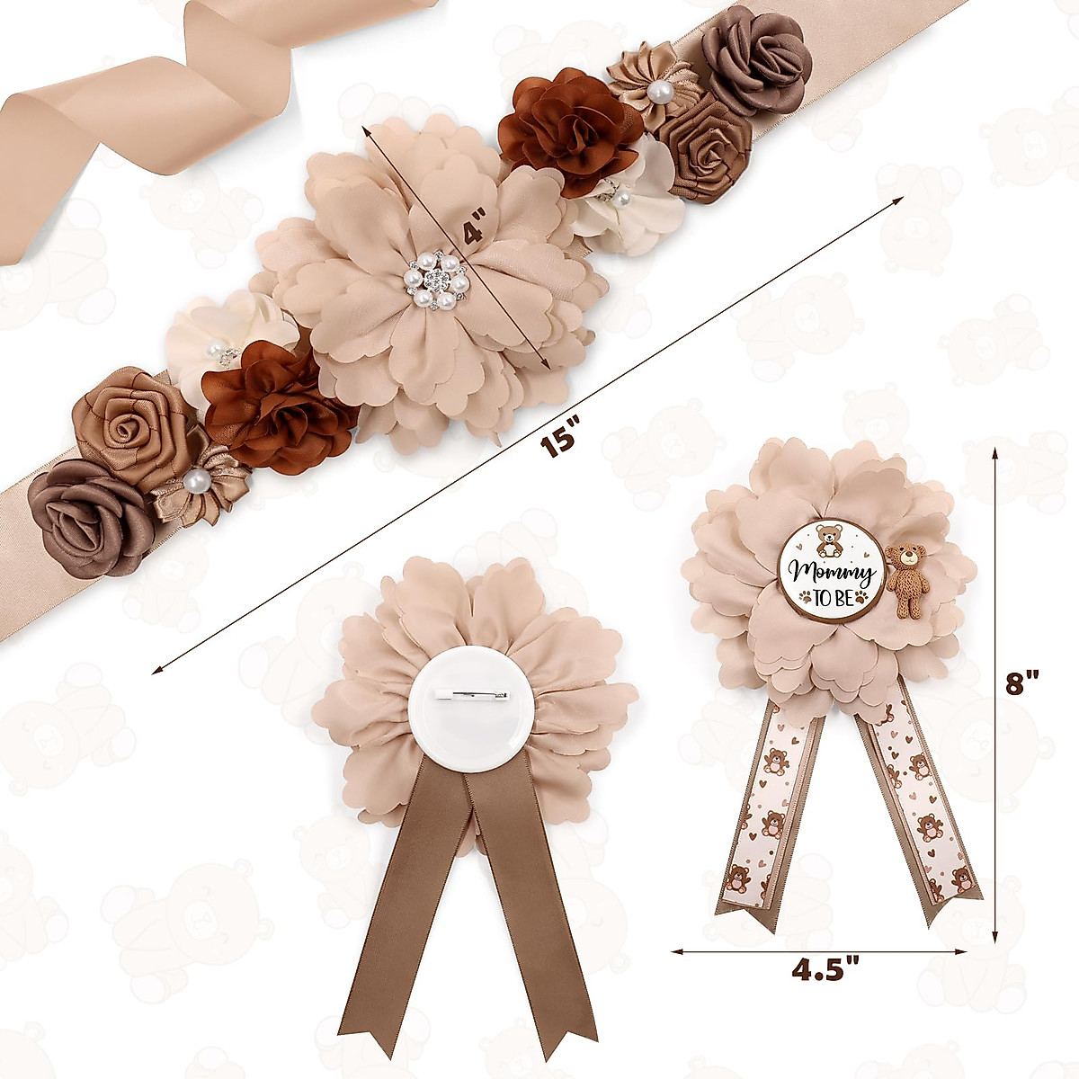 Vansolinne Brown Teddy Bear Maternity Sash Kit Mom to Be Daddy to Be Corsage Pins Bear Theme Baby Shower Decorations Teddy Bear Belly Band Pregnancy Photo Props New Parents Keepsake