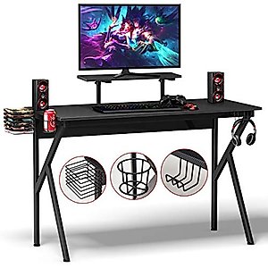 POWERSTONE Gaming Computer Desk - 52” Gaming Desk with Video Game Storage, Cup Holder, Monitor Shelf, Headphone Hook, K-Shaped Computer Desk Writing Workstation for Home Office