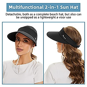 Century Star Womens Sun Hat Wide Brim UV Protection Summer Visor 2 in 1 Zip-Off Beach Hat for Women Golf Hats Outdoor Cap Black One Size