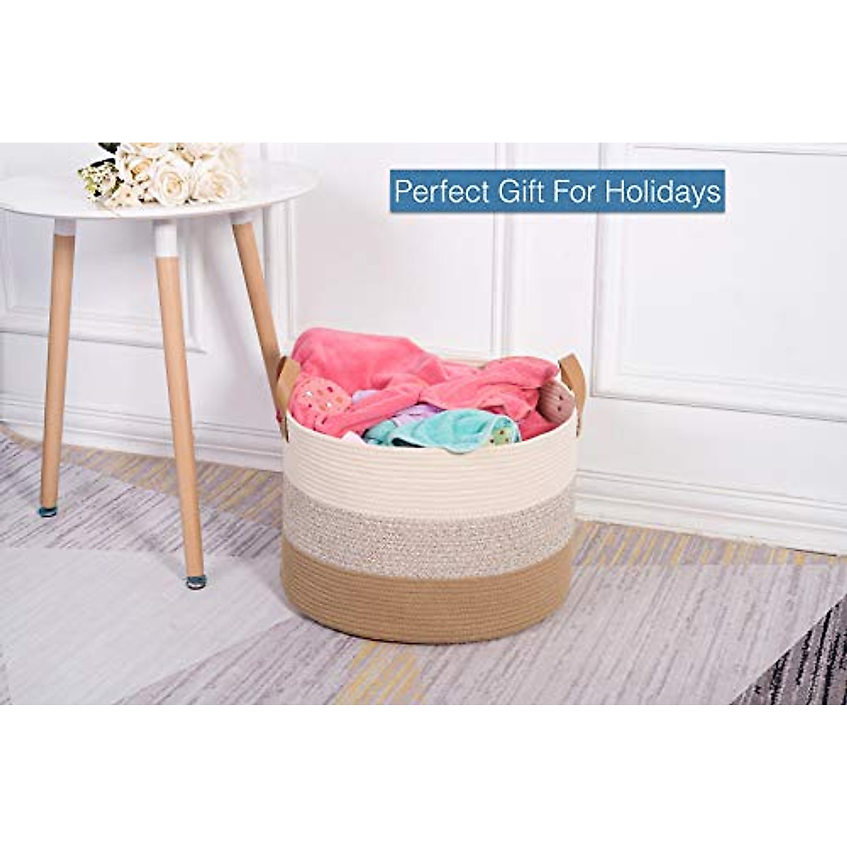 Decospark XXXL Cotton Rope Basket for Toy and Blanket Storage| 21.7" x 13.8" | Soft Long Handles | Decorative Home Organizer Ideal for Living Room, Baby Clothes and Laundry (Camel Grey and Cream)