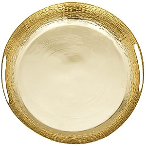 MyGift 12 Inch Round Brass Metal Handcrafted Unique Serving Tray with Hammered Pattern Design and Cut Out Handles, Decorative Coffee Table Tray - Handmade in India
