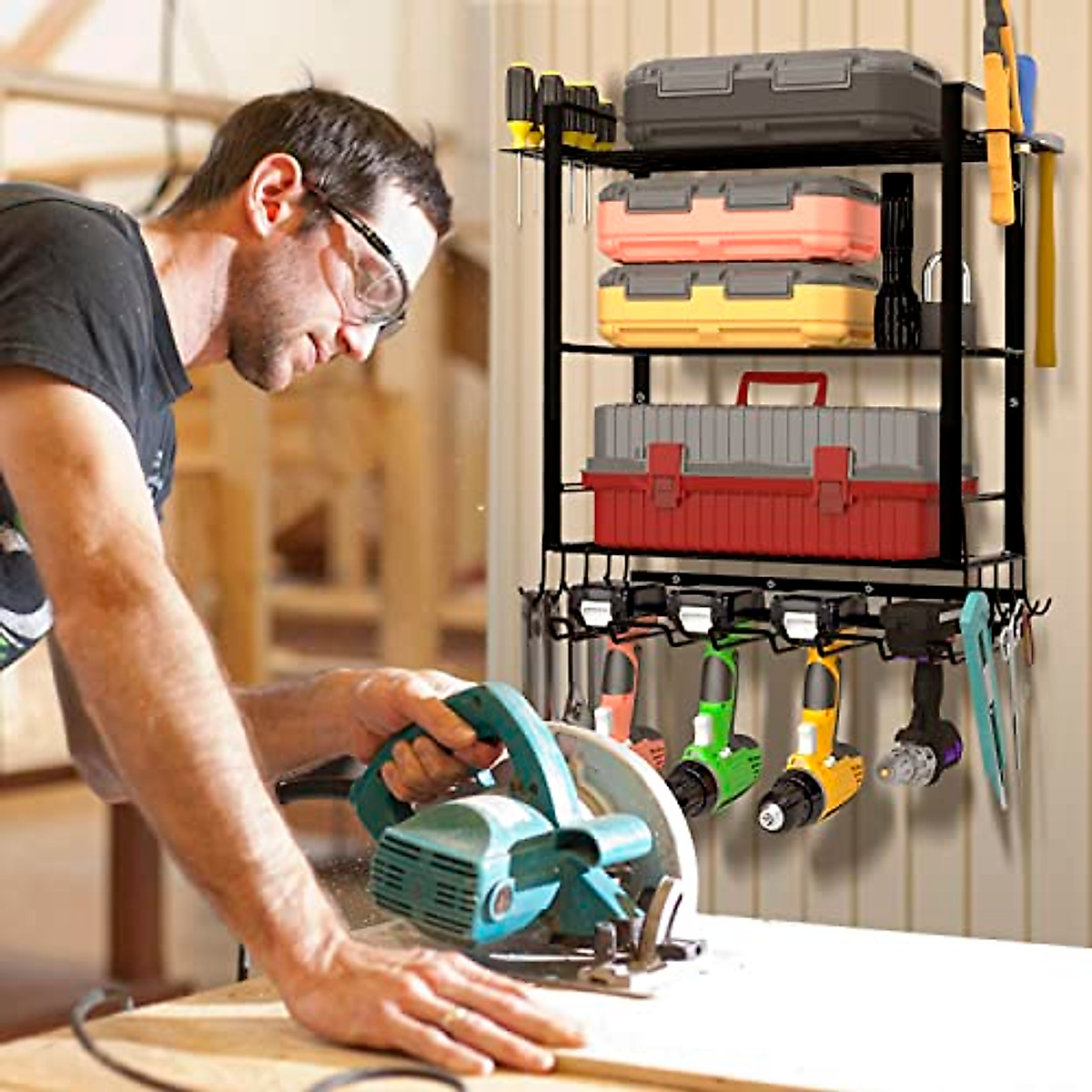 WIMART 4 Layers Power Tool Organizer, Wall Mount Heavy Duty Power Tool Organizers and Storage Cordless Drill Holder Storage for Handhold Power Tools At Home, Warehouse (Black - 1 Pcs/Set)